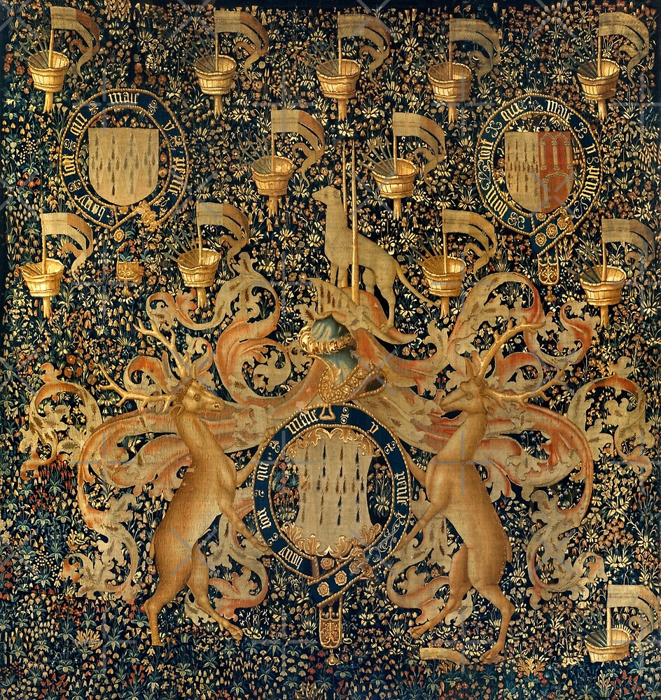 " Gold Navy Blue Antique Heraldic Tapestry with Harts,Armorial Bearings ...