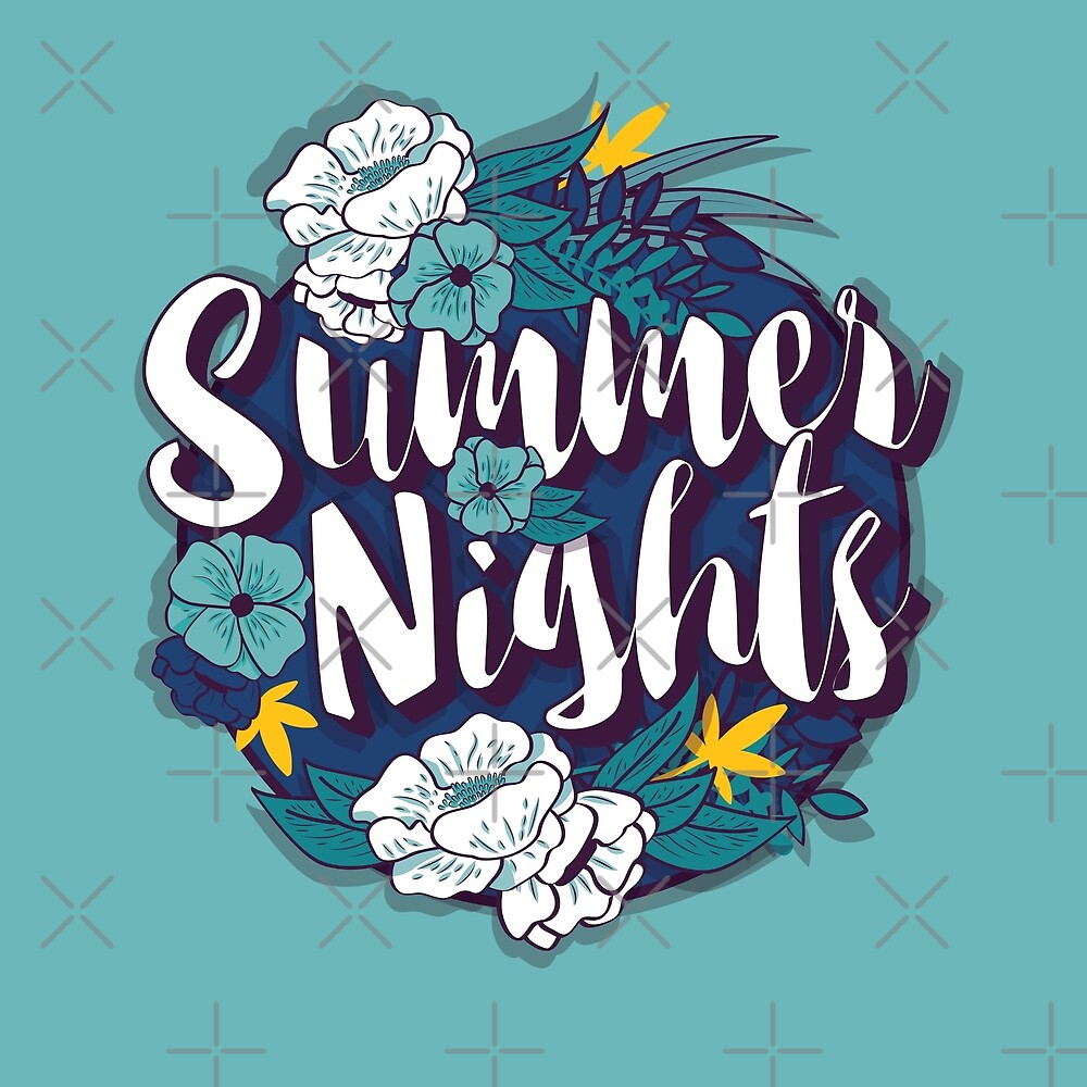 "Summer nights typography banner round design in tropical flower frame ...