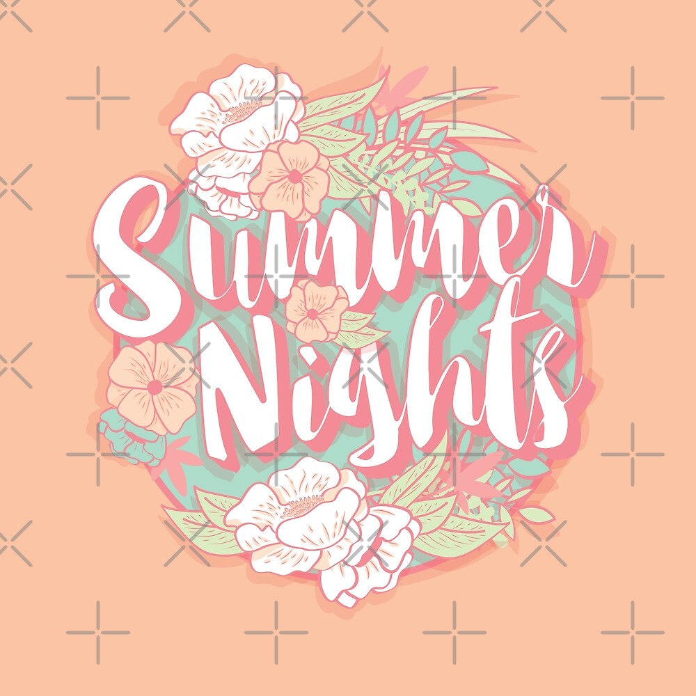 "Summer nights typography banner round design in tropical flower frame ...