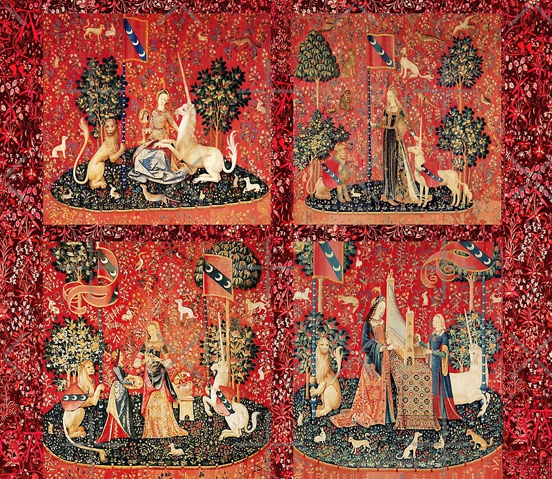 "FOUR LADY AND UNICORN STORIES ,Fantasy Flowers,Animals, Red Green ...