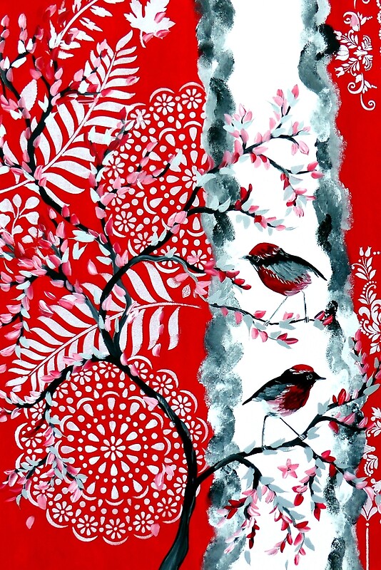 "Red and Black Designs with 2 Robins" by cathyjacobs | Redbubble