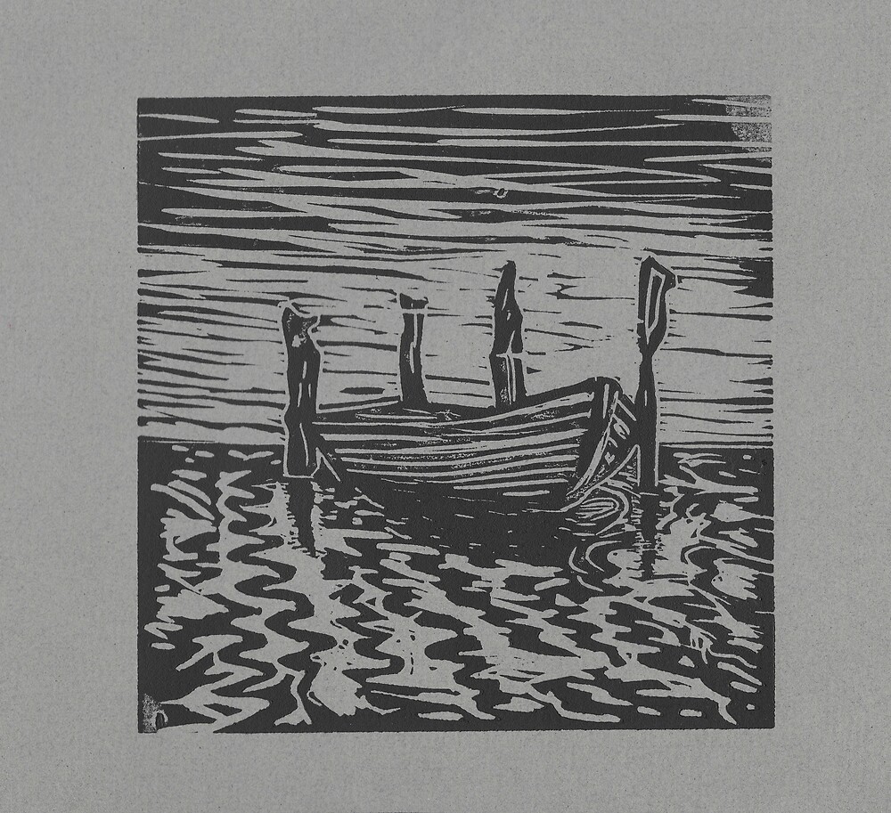 Prints Art & Collectibles Lino print Summertime lake fun watertube joy ...