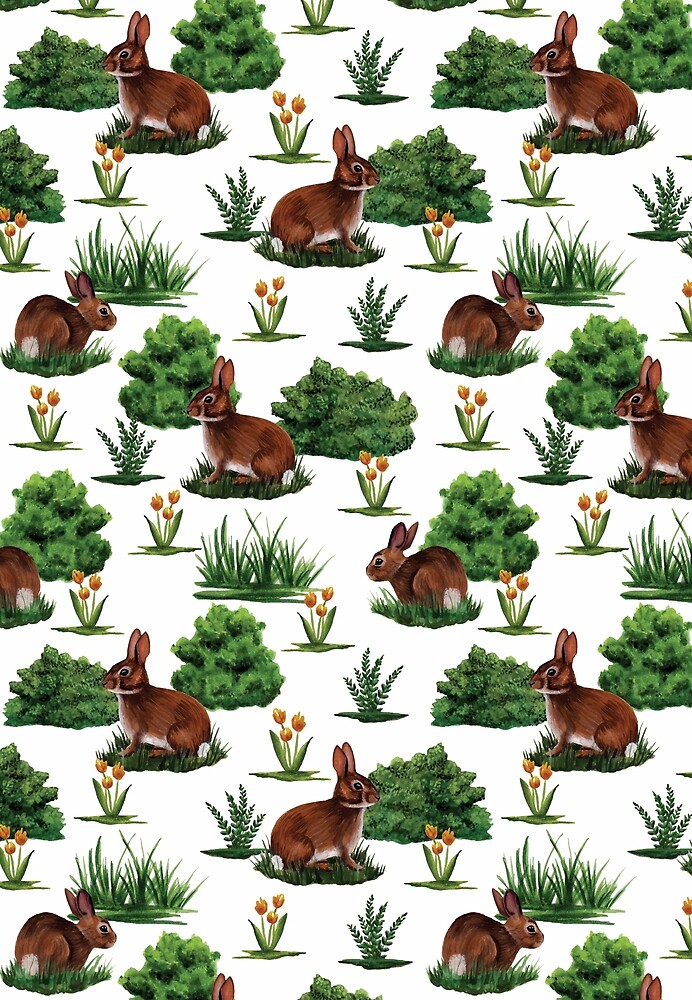"A Bevy Of Bunnies - Rabbit Pattern With Yellow Flower & Green Shrubs ...
