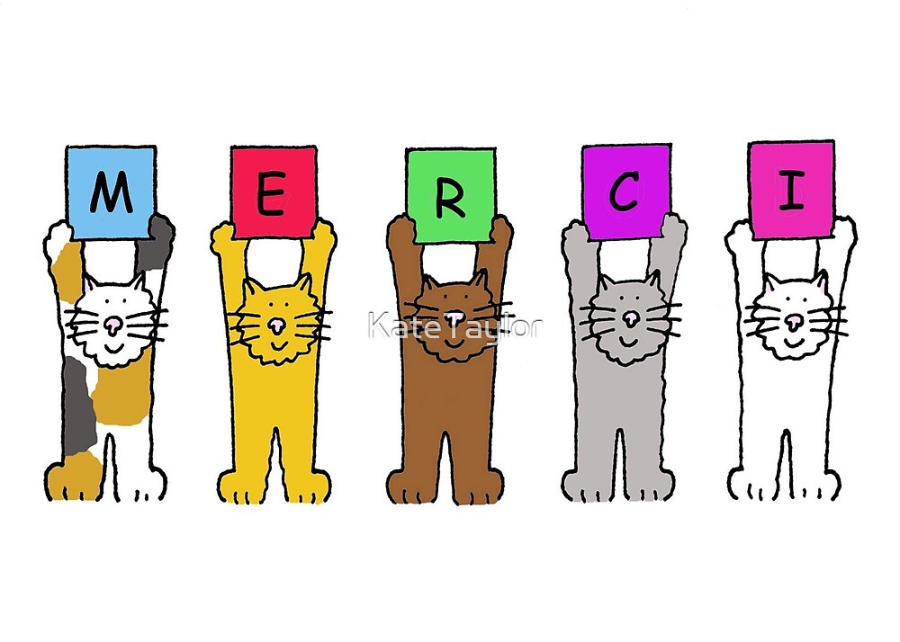 "Merci Thank you in French Cartoon Cats Holding Letters Up" by ...