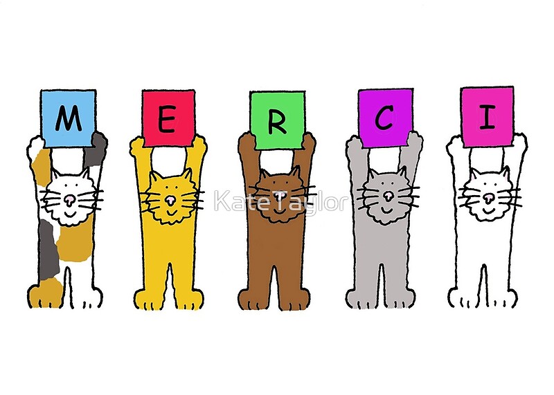 "Merci Thank you in French Cartoon Cats Holding Letters Up" by ...
