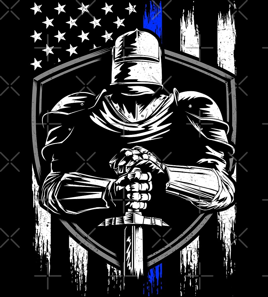"Knight Warrior American Flag Blue line" by Dan Dee | Redbubble