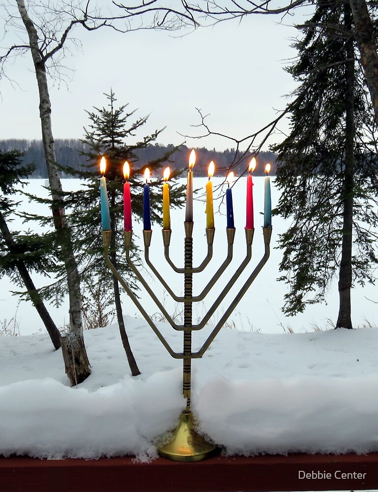 "Lighted Chanukah Menorah in Snow Against Frozen Lake" by Debbie Center ...