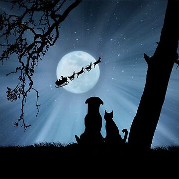 "Fantasy Cute Christmas with Dog, Cat and Santa and Sleigh with ...