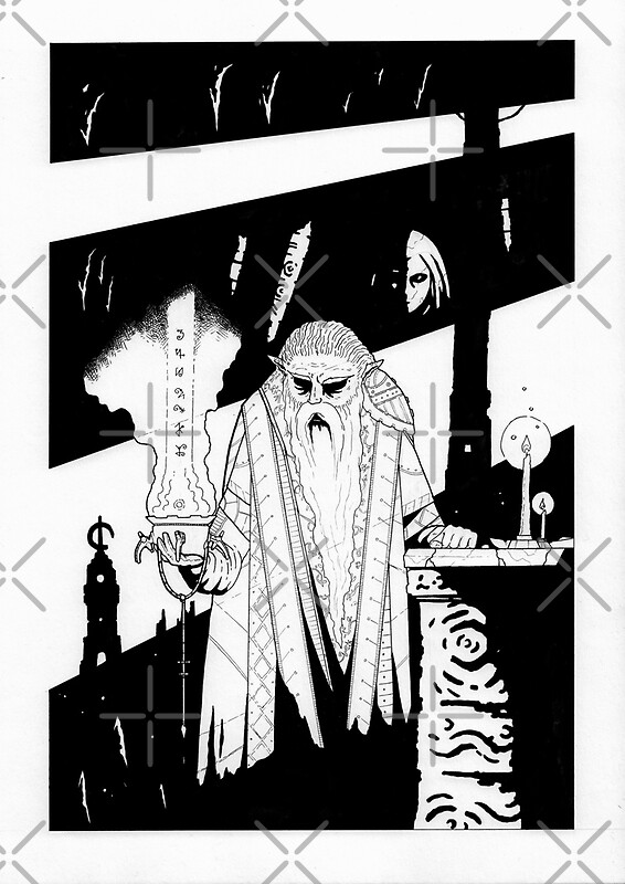 "Elven ghost wizard - Fantasy ink drawing - Black white illustration ...