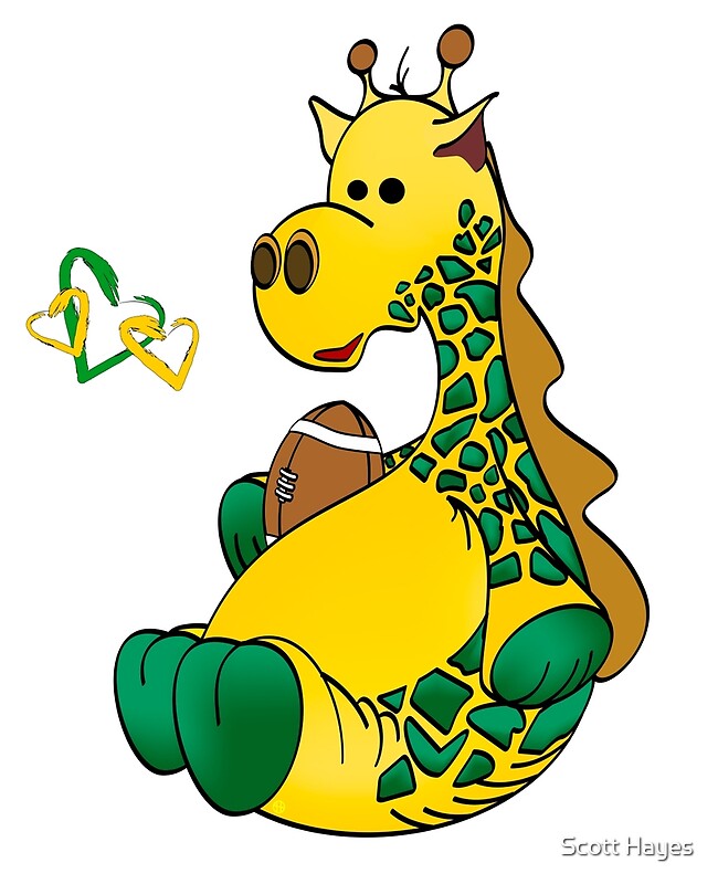 "Green Gold Giraffe Football Cartoon" by Scott Hayes | Redbubble
