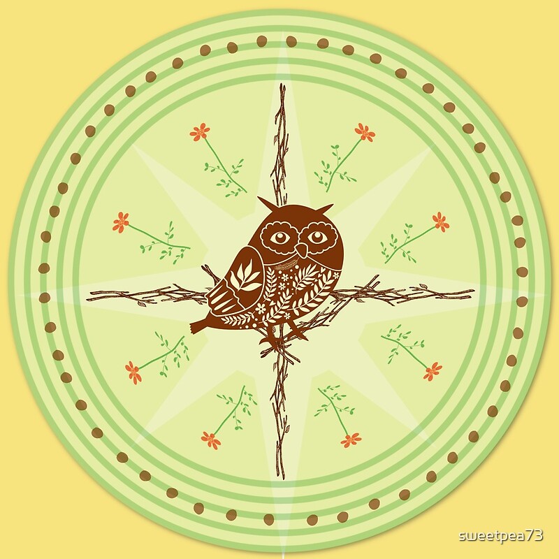 "Owl with Twigs and Flowers Circle Design" by sweetpea73 | Redbubble
