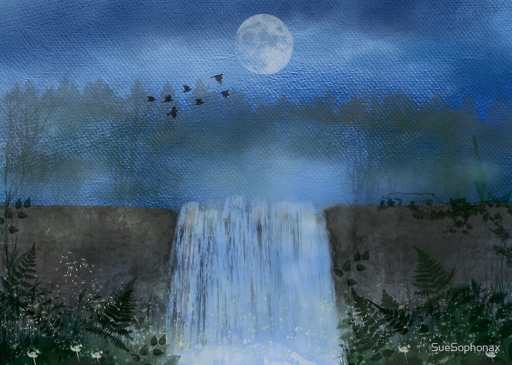 "Moonlight waterfall" by SueSophonax | Redbubble