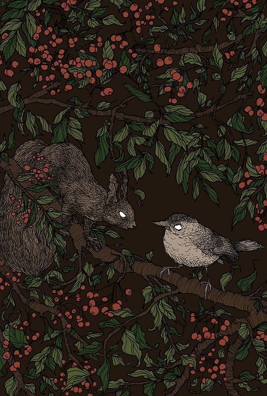 "Forest friends - squirrel and bird, color" by martasketches | Redbubble