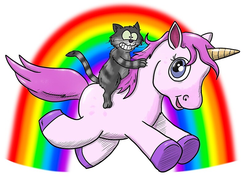 "Cat riding a unicorn with a rainbow" by nawak | Redbubble