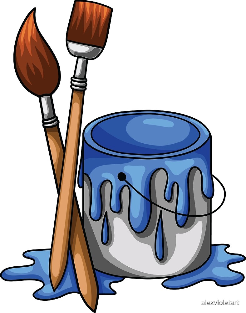 "illustration of cartoon Bucket of blue paint and two brushes" by ...