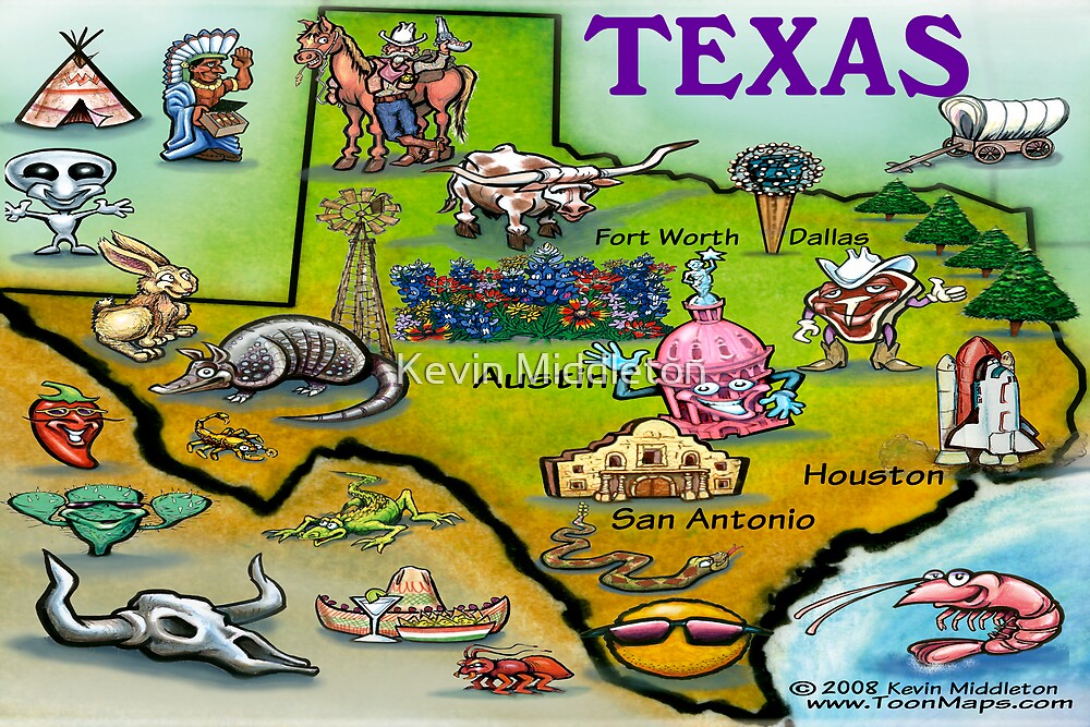 "Texas Cartoon Map CARD" by Kevin Middleton | Redbubble