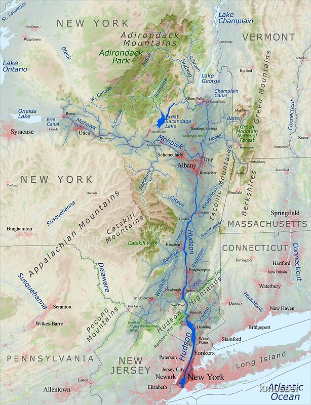 "Hudson River Watershed Map - Labeled" by kmusser | Redbubble