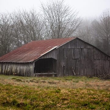 "Barn in the Mist - Old Rustic Wooden Barn with Red Tin Roof on a Foggy ...