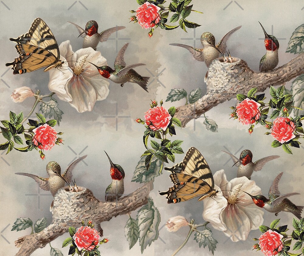 "Hummingbirds,Red Roses, Swallowtail Butterfly on a Hollyhock Blossom ...