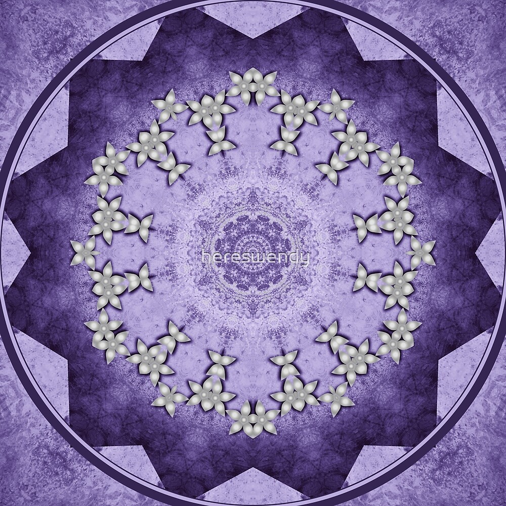 "Silver flowers on deep purple textured mandala disc" by hereswendy ...