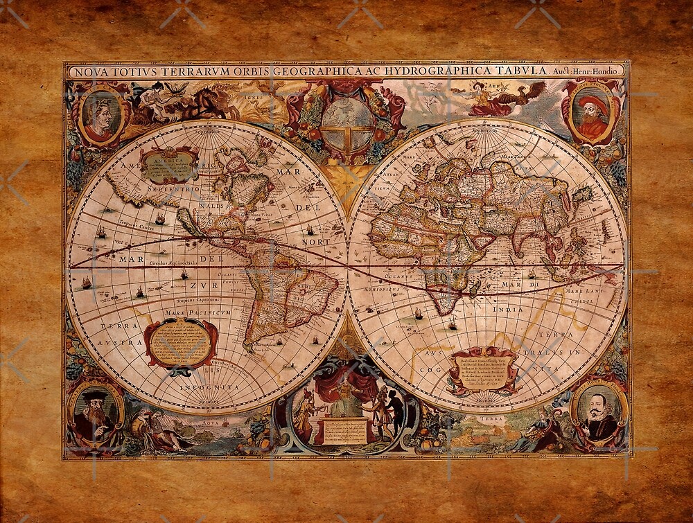 "Hondius's 1630 AD World Map on Parchment effect BG" by Skye Ryan-Evans ...