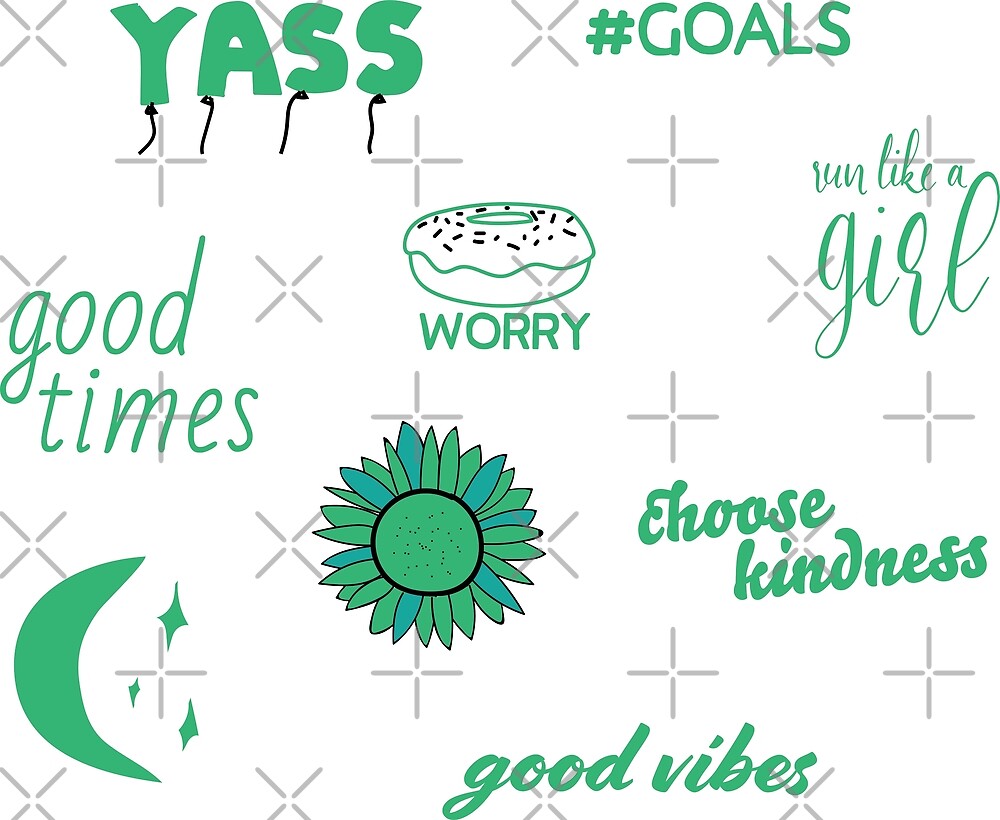 "Cute Green Sticker Pack - collection of hand drawn images and text ...