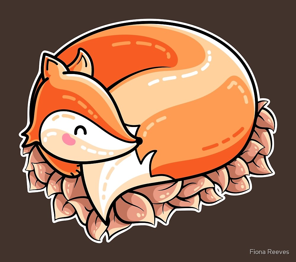 "Kawaii Cute Fox Curled in Leaves" by Fiona Reeves | Redbubble