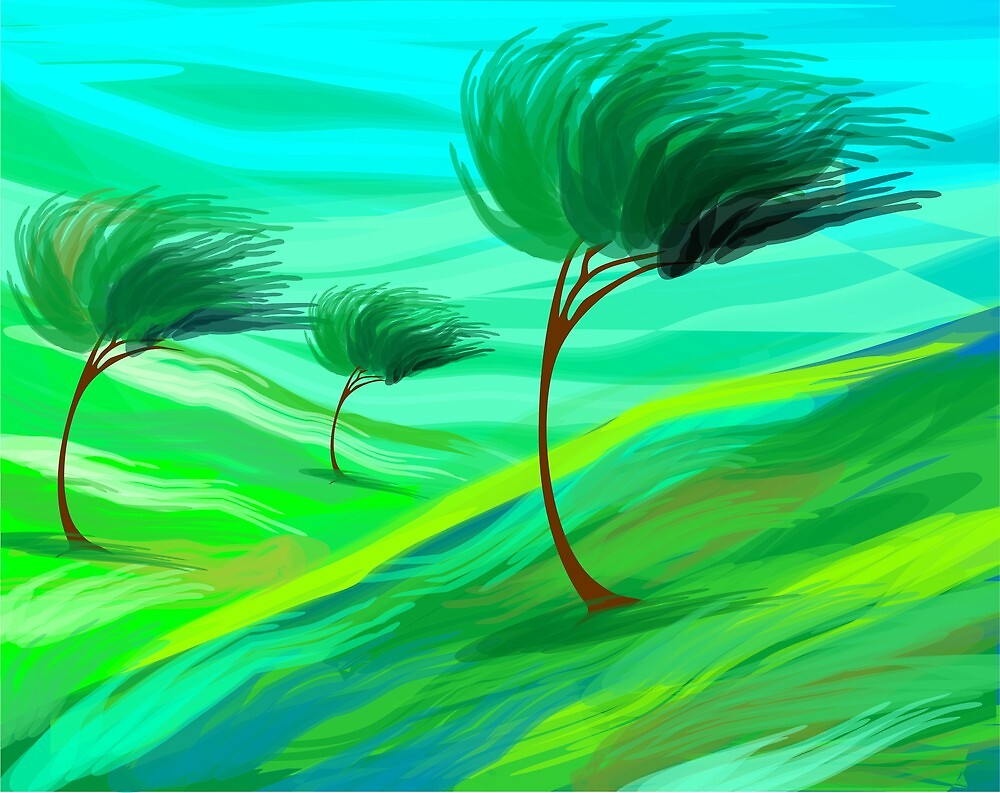 " trees in grassland suffering strong wind" by tillydesign | Redbubble
