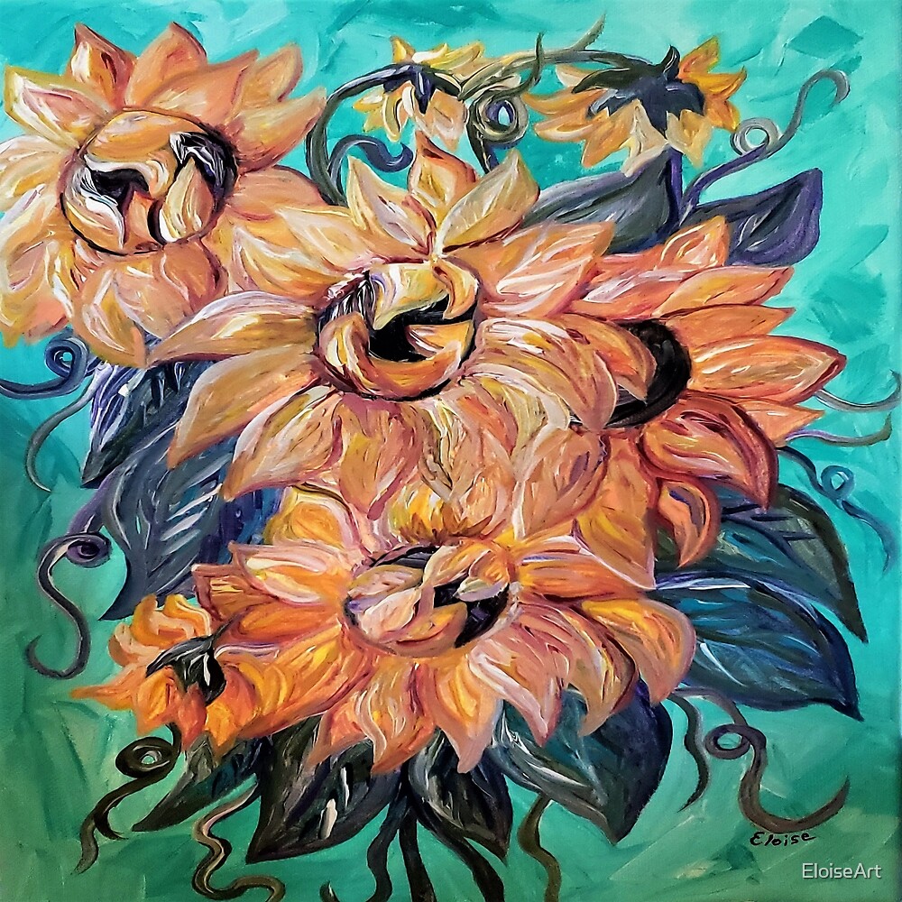 "Sunflowers on a Teal and Blue Background" by EloiseArt | Redbubble