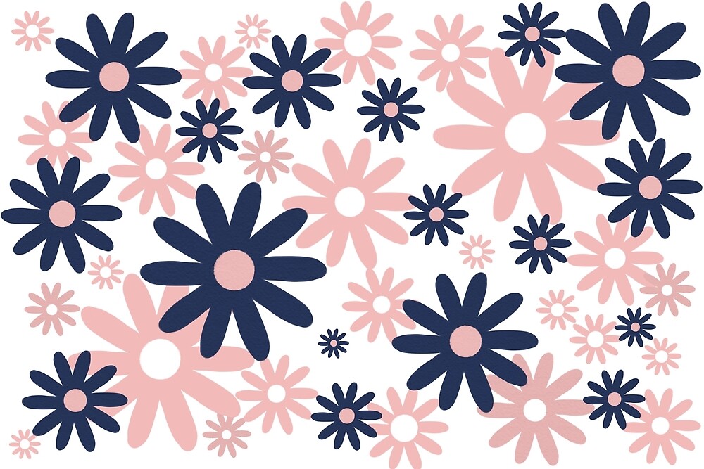 "Cheerful Retro Daisy Floral Pattern in Blush Pink and Navy Blue on ...