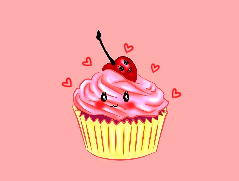 "Kawaii Cute Smily Strawberry Cupcake with Hearts. Radiates love" by ...