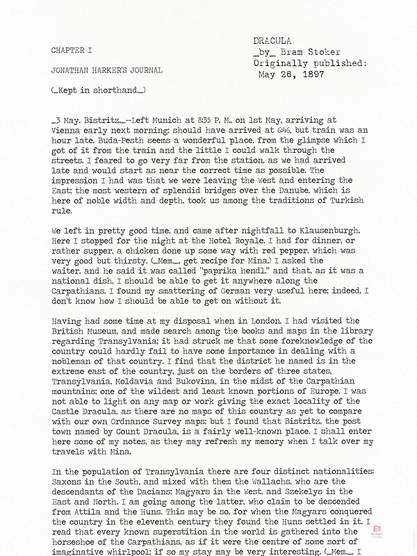 "Dracula by Bram Stoker Chapter 1 - public domain book." by epicpaper ...