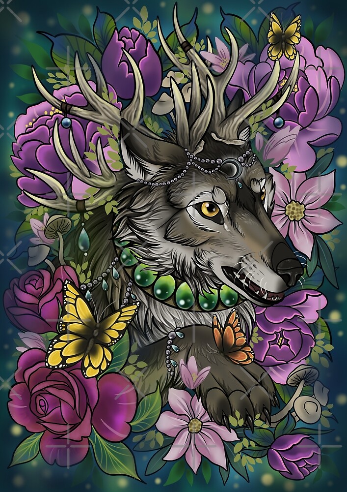 "Forest god wolf with antlers " by katmewkitty | Redbubble