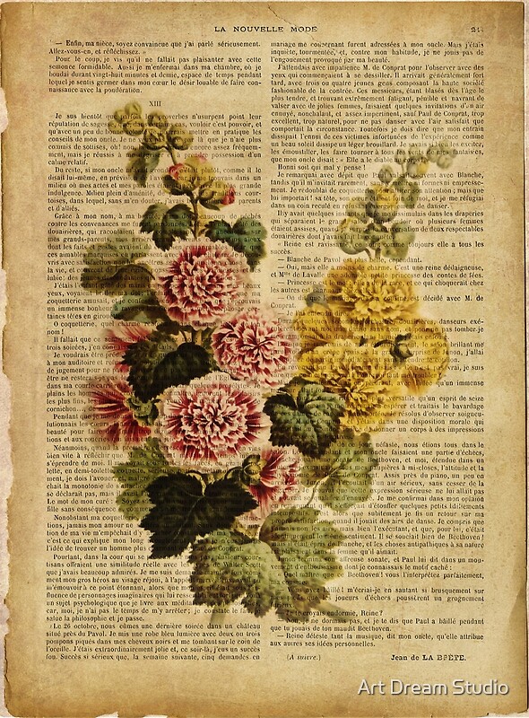 "Botanical print, on old book page - flowers" by Lily D | Redbubble