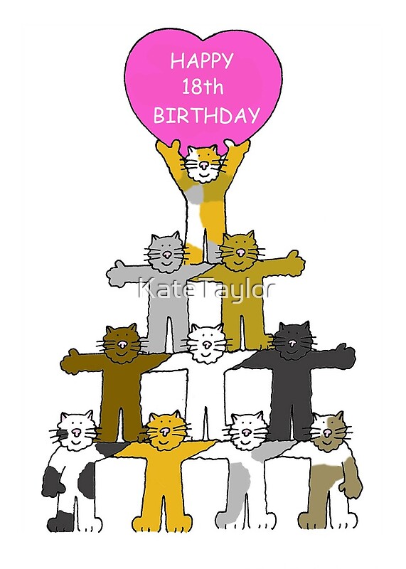 "Happy 18th Birthday Cute Cartoon Cats Holding a Heart" by KateTaylor ...