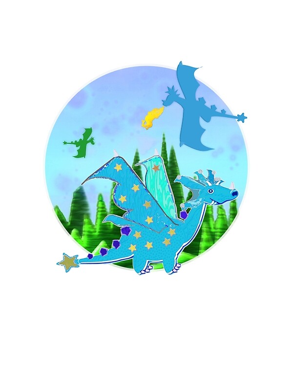 "Cute Blue Cartoon Dragon with Stars Wings and Star Tail" by cartoon ...