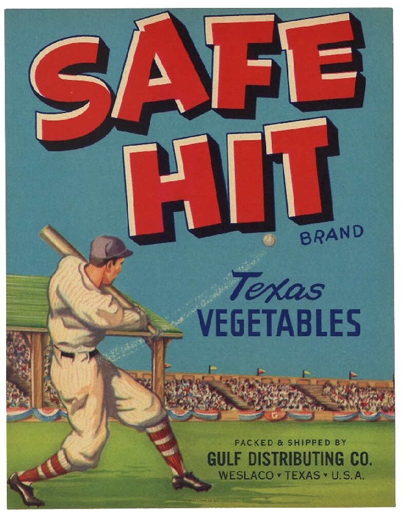 "Vintage Food Crate Label Safe Hit Baseball Player Hitting Home Run ...