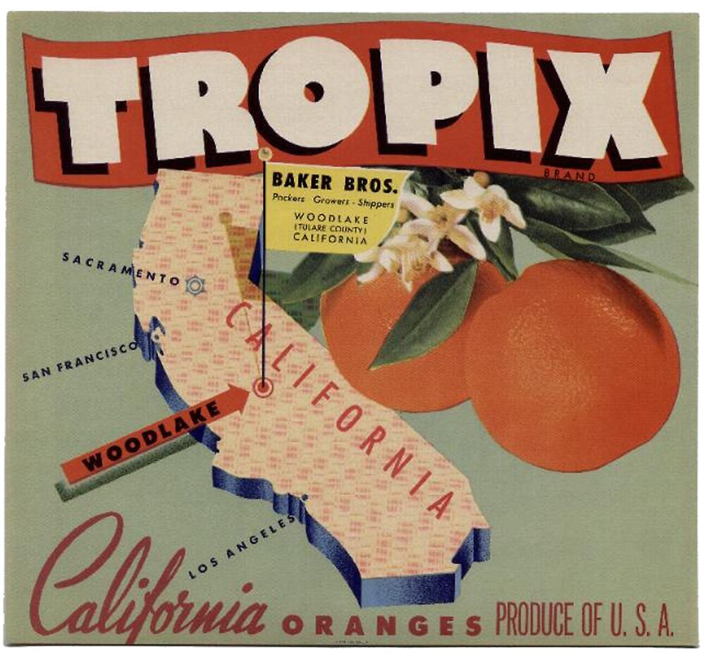 "Vintage Food Crate Label Tropix California Oranges Map Fruit Vegetable ...