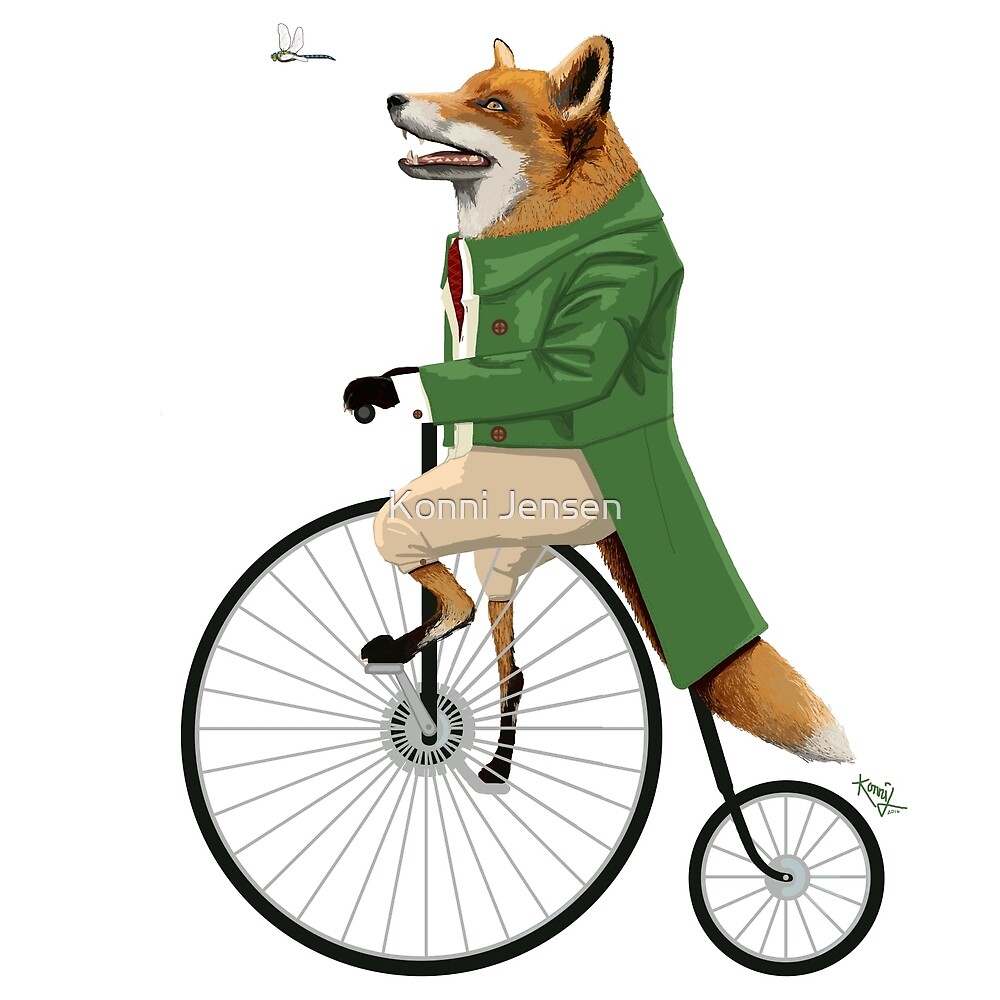 "Fox riding bike in chase of dragonfly" by Konni Jensen | Redbubble