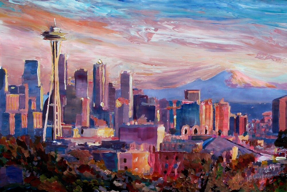 "Seattle Skyline with Space Needle and Mt Rainier" by artshop77 | Redbubble