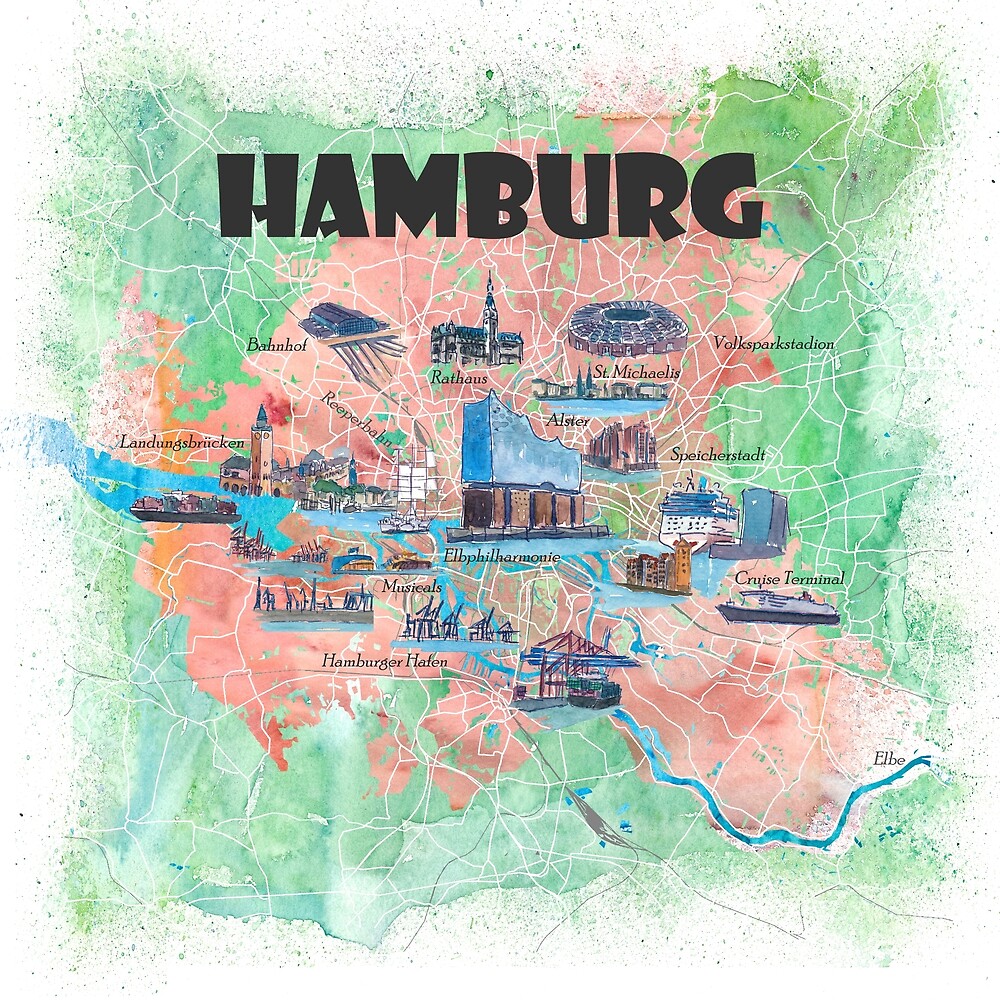 "Hamburg Germany Travel Poster Favorite Map with touristic Highlights ...