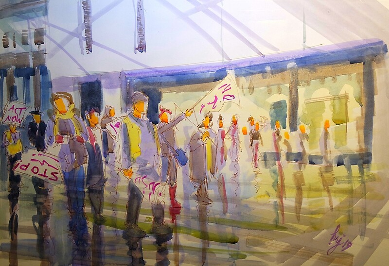 "Demonstration against climate change watercolor painting" by MikeJory ...