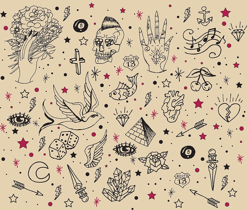"Hand Drawn Flash Tattoo Pattern" by lunaelizabeth | Redbubble