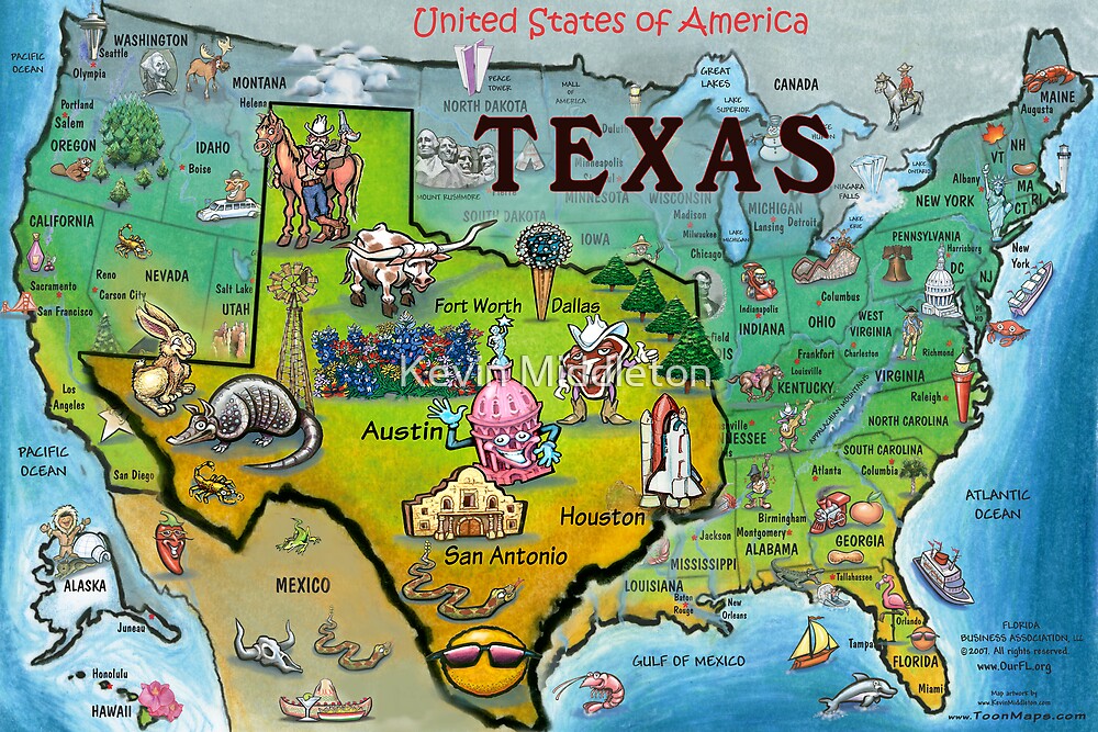 "Texas USA Cartoon Map" by Kevin Middleton | Redbubble