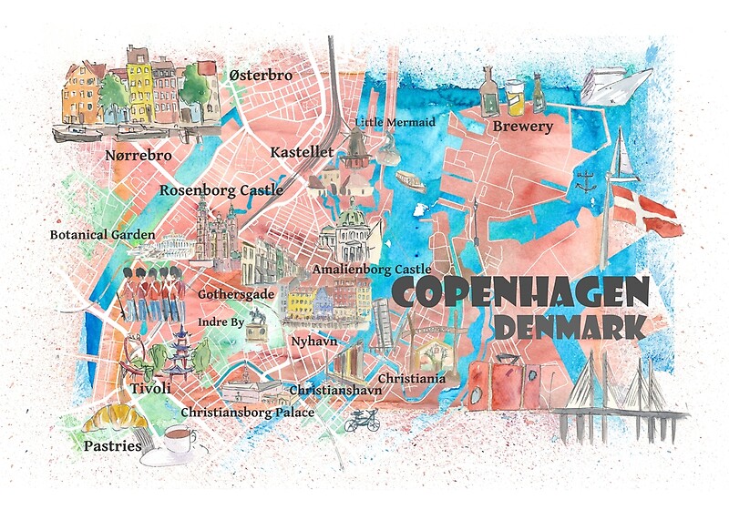"Copenhagen Denmark Illustrated Map with Main Roads Landmarks and ...