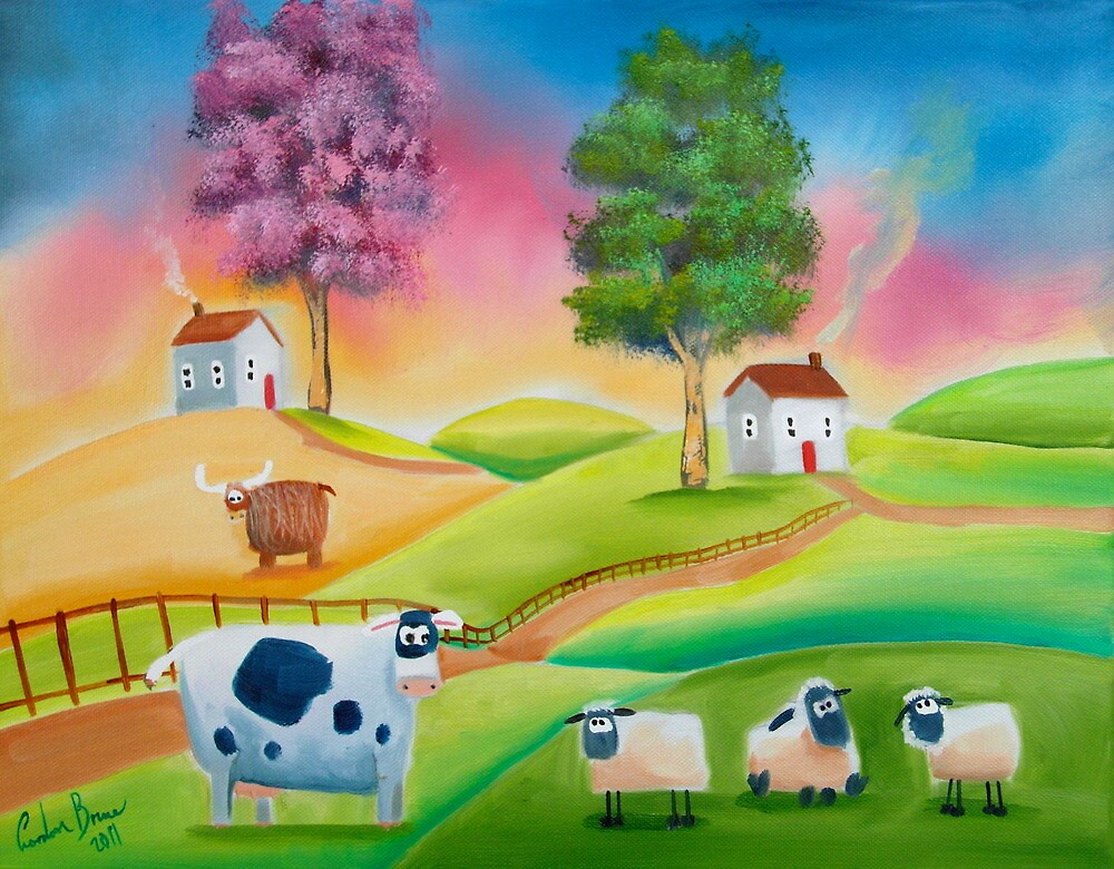 "COW SHEEP naive folk art landscape painting Gordon Bruce" by ...