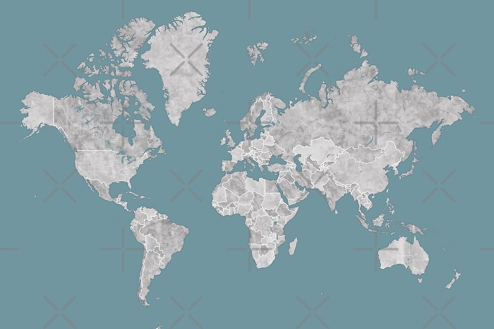 "Grey watercolor and teal world map" by blursbyai | Redbubble