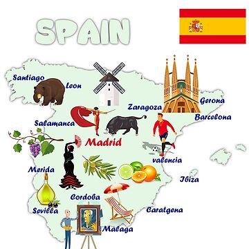"Spain Map Tee Landmarks tourist attractions cities flag " Canvas Print ...